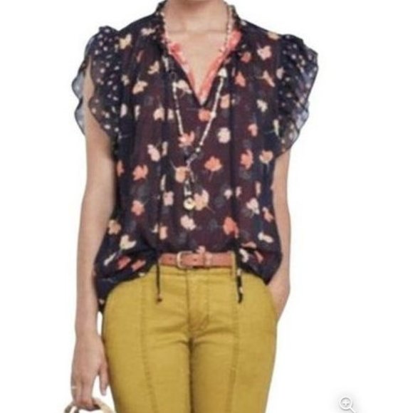 CAbi | Tops | Euc Cabi 5522 Blouse Navy Blue Floral Poppy Flutter Sleeve Sheer Ruffle Top | Poshmark